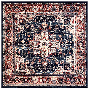 SAFAVIEH Charleston Collection 6'7" Square Navy / Red CHL411L Oriental Distressed Non-Shedding Living Room Bedroom Area Rug