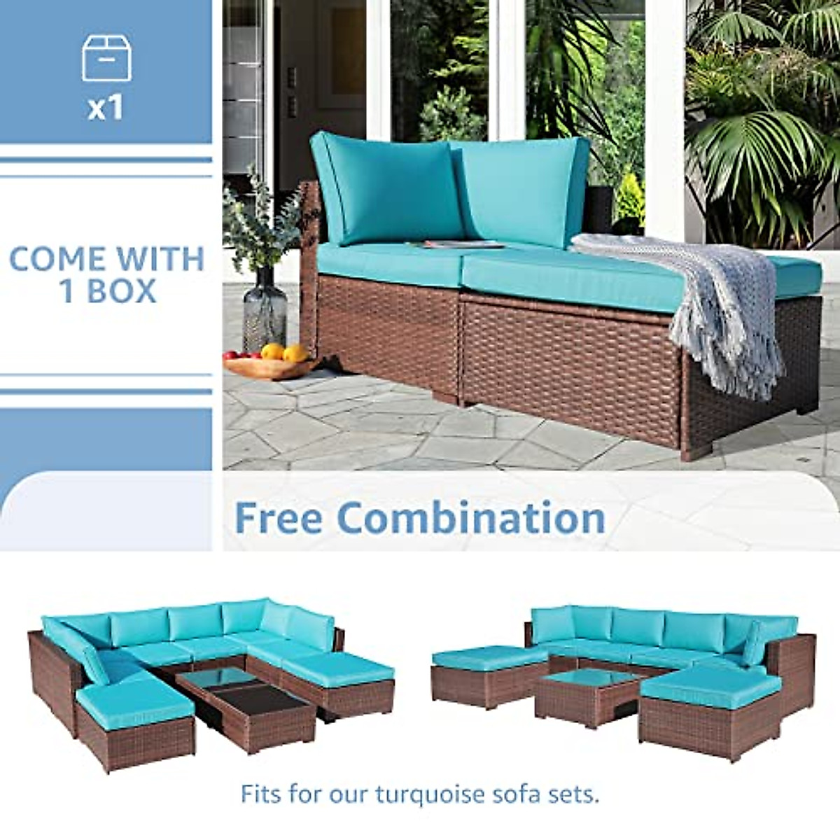 OC Orange-Casual 2 Piece Patio Sectional Furniture Set with Back Seat Cushions, Outdoor Armchair Wicker Sofa, Ottoman Brown Wicker & Turquoise Cushion