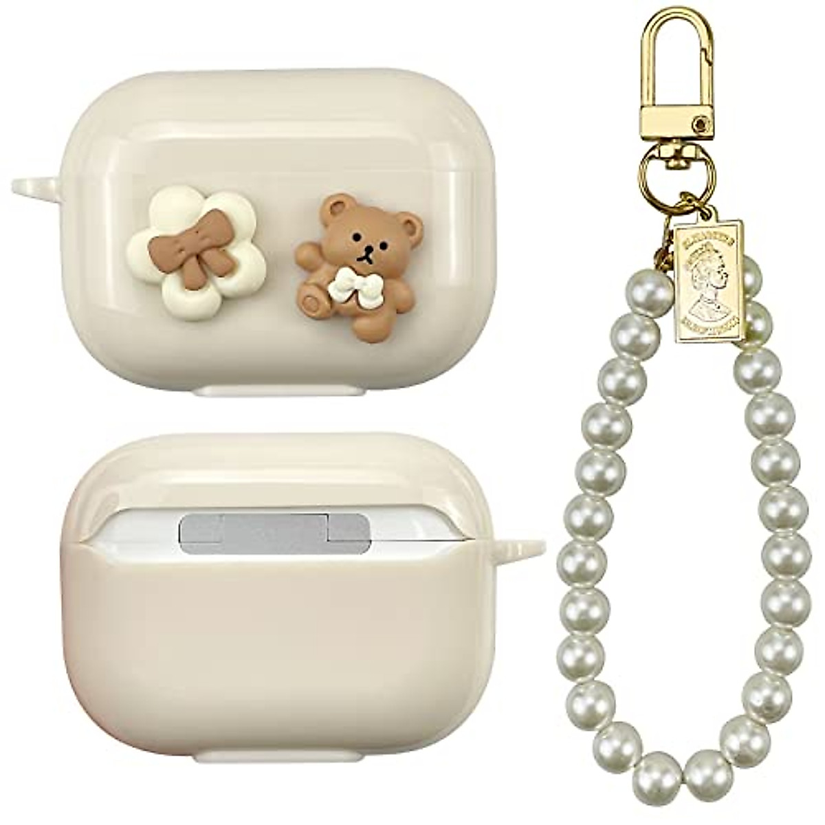 AIIEKZ Cute Kawaii AirPods Pro Case Cover, Lovely Flower Bear Design Smooth Soft Protective Cover for AirPod Pro Case with Pearl Chain for Girls Women (Airpods Pro)