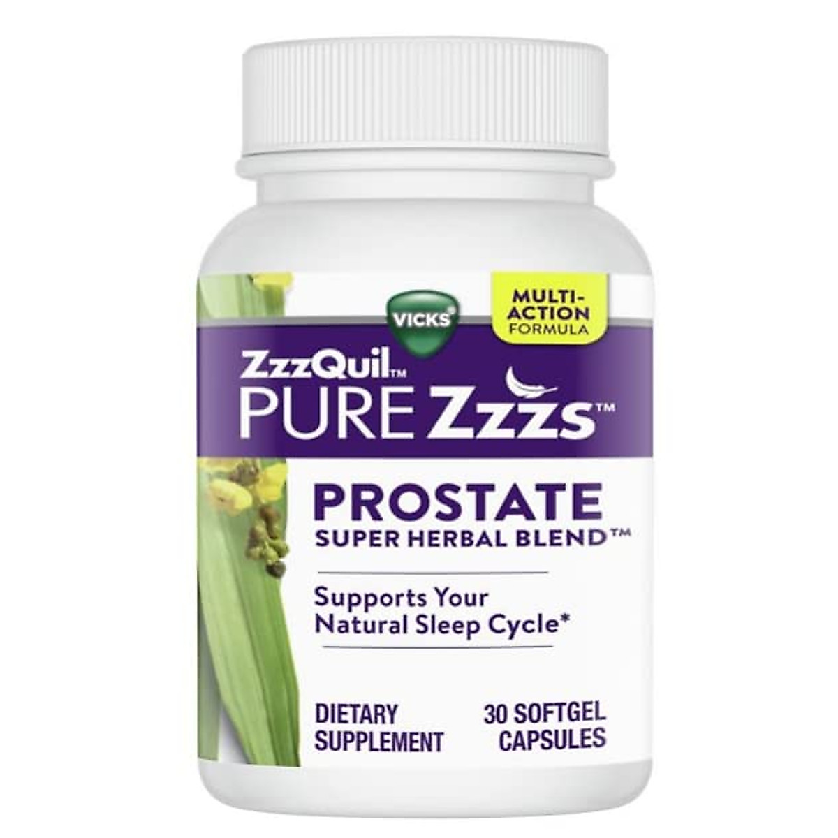 Vicks Zzzquil Pure Zzzs Prostate Super Herbal Blend Nighttime Melatonin Sleep Aid, 30 Softgels