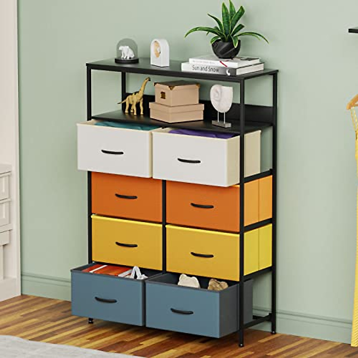 LLappuil 8 Drawer Dresser for Bedroom with Double Shelf, Kids Baby Girl Dresser, Tall Dressers Chests of Drawers Tower, Fabric Dresser Storage Drawers for Clothes, Closet, Nursery, Multicolor