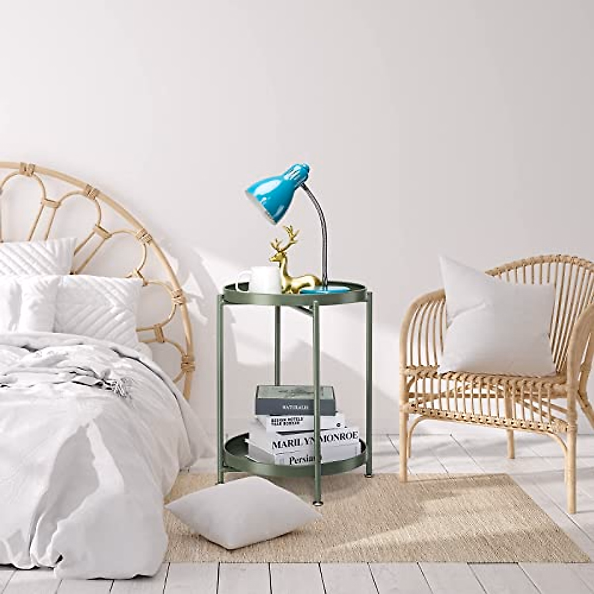 danpinera 2 Tier Metal Side Table with Removable Tray, Folding End Outdoor Small Accent Table, Anti-Rust Green Nightstand for Bedroom Balcony Patio (Dark Green)