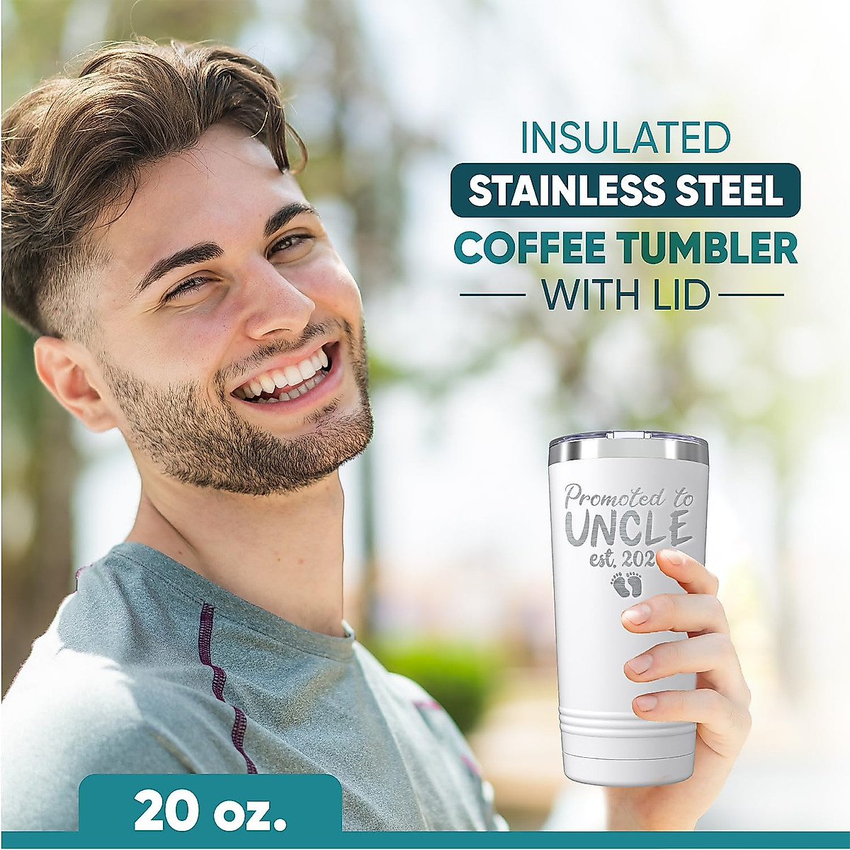shop4ever Promoted to Uncle Est. 2025 Tumbler Insulated Tumbler 20 oz. with Lid, Stainless Steel Cups Travel Coffee Mug New Uncle Baby Announcement Gift (White)
