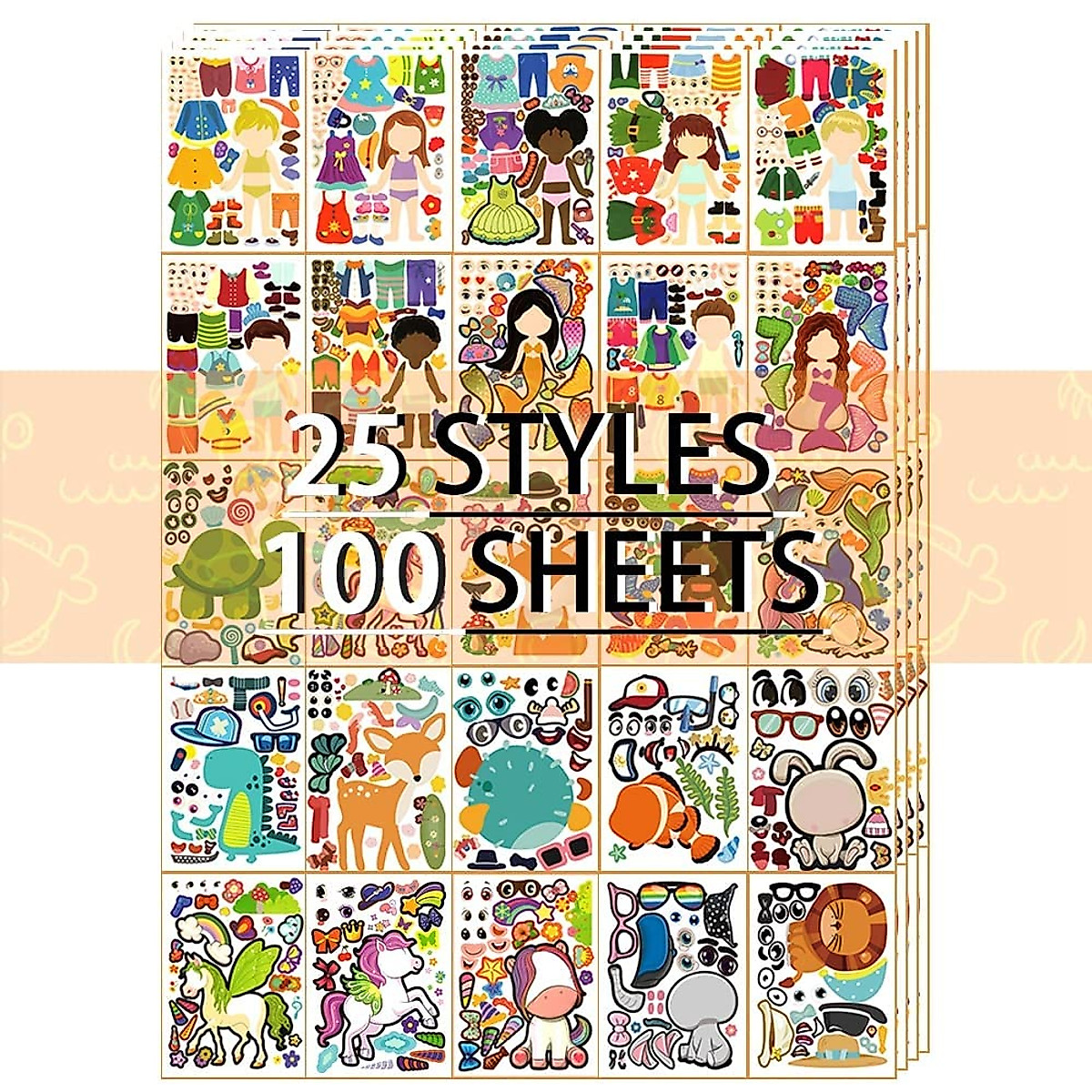 100 Pcs Funny Make Face Stickers Sheet with 25 Designs,Animals Unicorns Mermaids Figures Make Your Own Stickers for Toddlers Kids Full Body Mix and Match Craft Teacher Rewards Birthday Party Favors