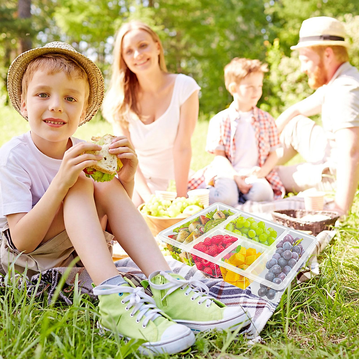 Haawooky 2 Pack Divided Veggie Tray with Lid,5 Compartment Serving Tray with Dividers,Plastic Food Storage Containers for Travel Fruit,Vegetable,Salad
