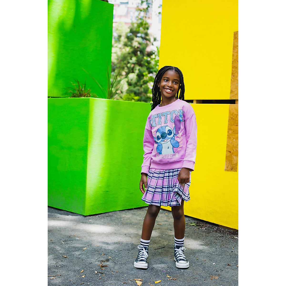 Disney Lilo & Stitch Little Girls Fleece Sweatshirt and Skirt Plaid Purple 6