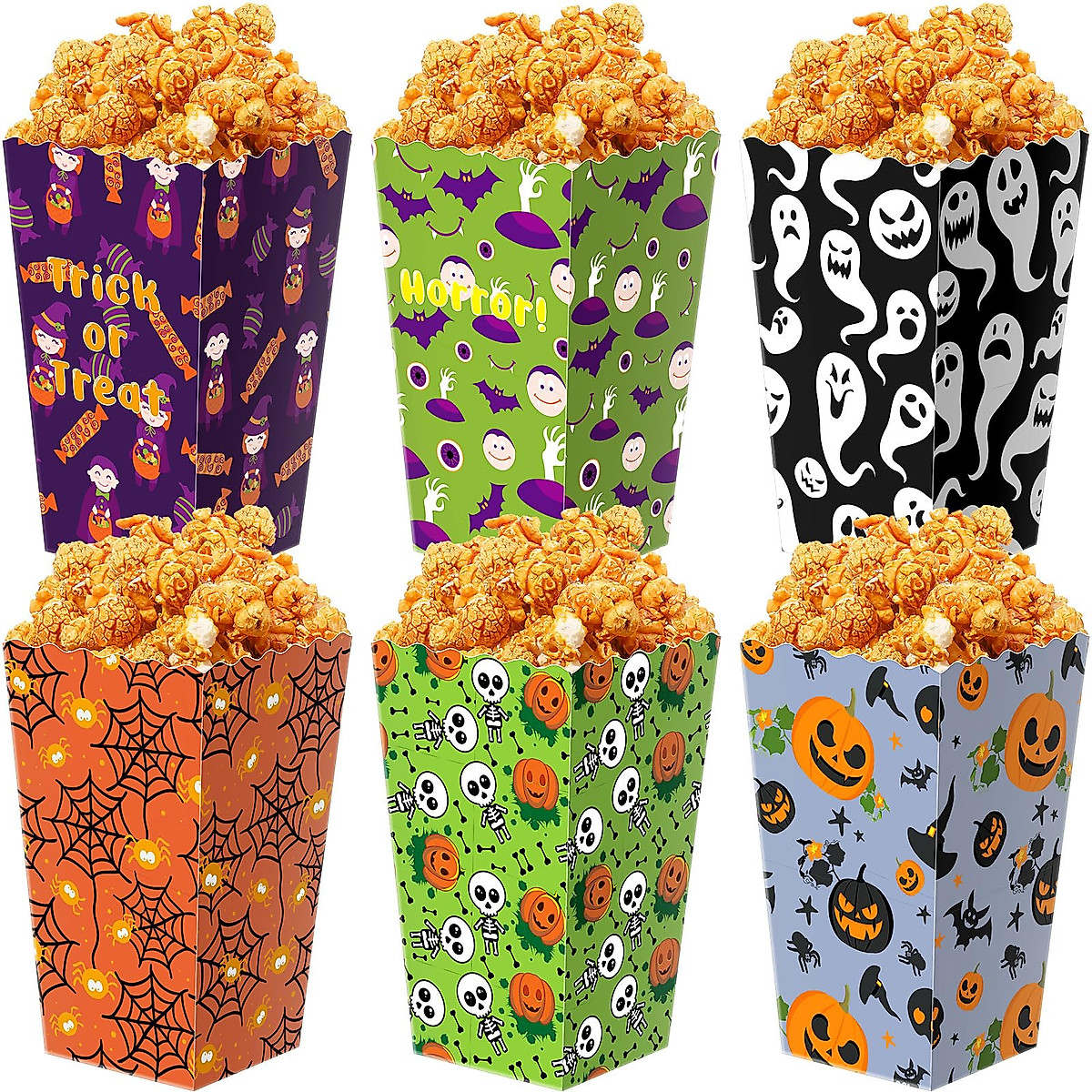 Roshtia 24 Pcs Halloween Theme Party Popcorn Favor Boxes in 6 Designs Trick or Treating Snack Treat Box Candy Cookie Container Event Party Favor Supplies, Halloween Snacks (Figure)