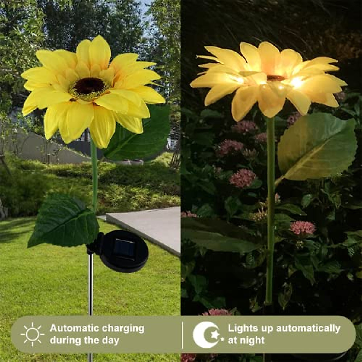 QFC Sunflower Solar Lights Outdoor Garden Decorations, Upgraded 2 PCS Solar Garden Lights for Yard Decor, Waterproof LED Sunflowers Artificial Flowers Lights for Lawn, Patio, Porch, Backyard (2PCS)