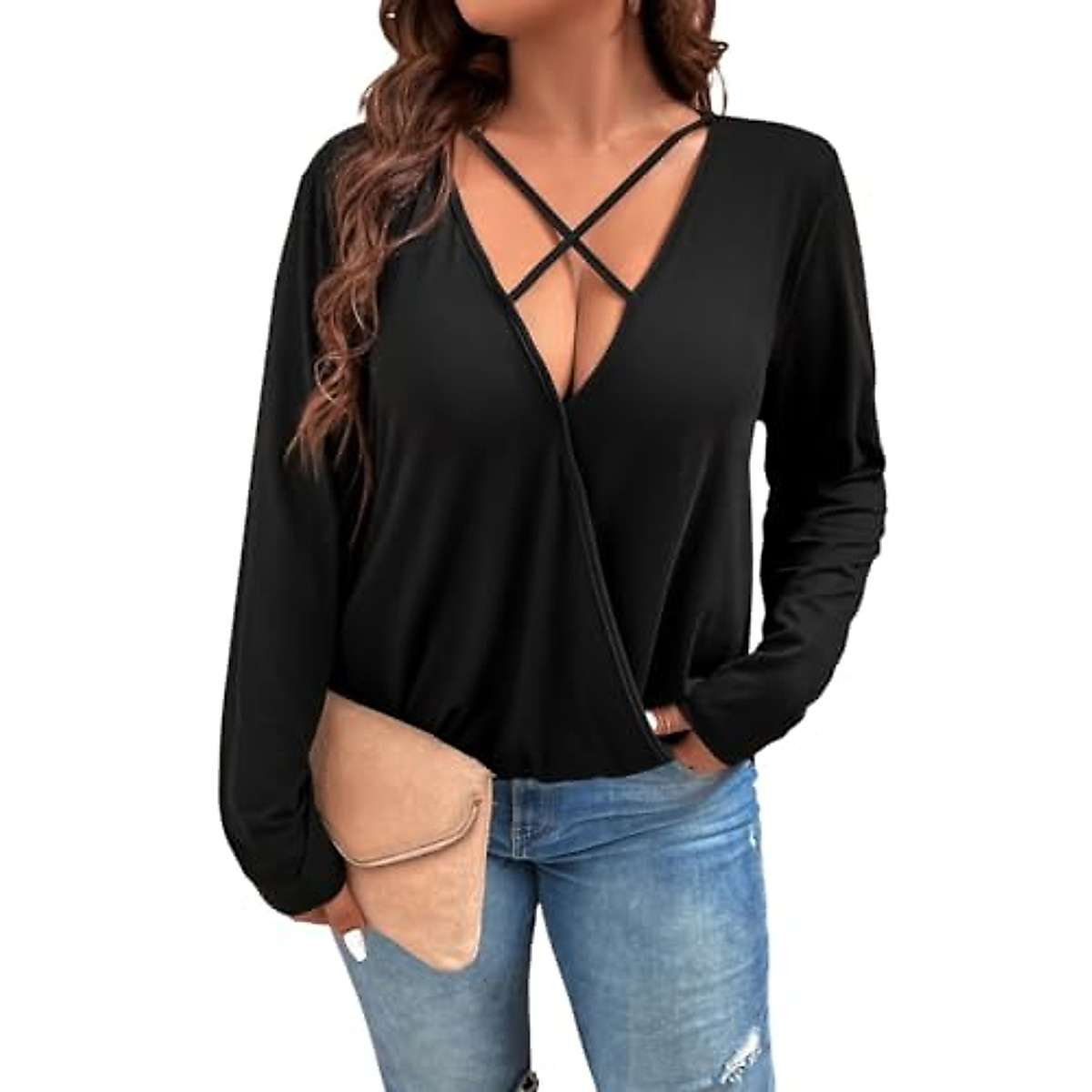 WDIRARA Women's Plus Size Criss Cross Wrap Deep V Neck Long Sleeve Tee T Shirt Black 3XL