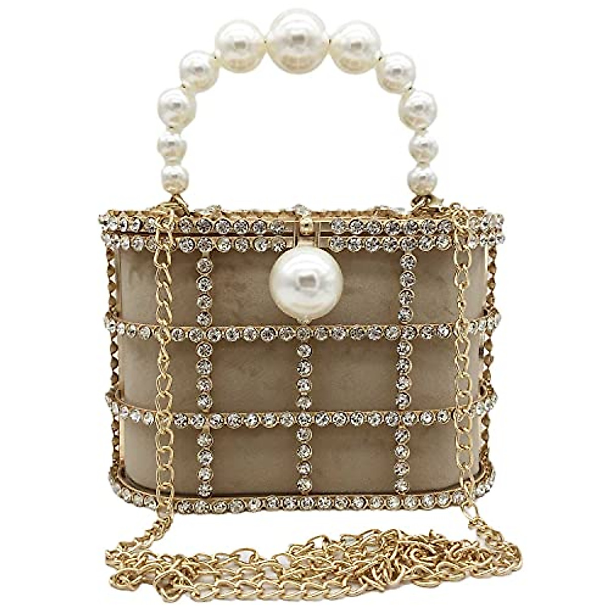 DDQYYSPP Synthetic Pearl Top-Handle Women Metal Bucket Bag Crystal Evening Purses and Clutches Formal Wedding Handbags, Gold