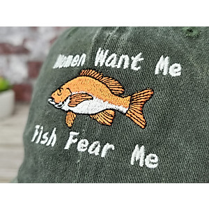 Hepandy Women Want Me Fish Fear Me Embroidered Washed Army Green Baseball Caps for Men, Embroidery Snapback Trucker Hat Adjustable Dad Hats Unisex