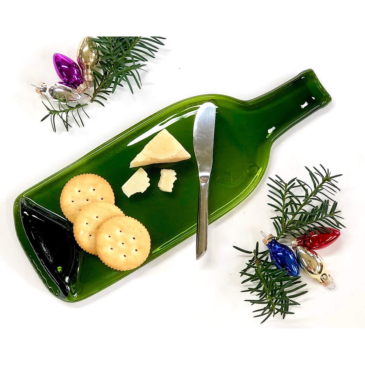 Melted Wine Bottle Cheese Serving Tray with Cheese Spreader and Red Ribbon, Unique Christmas Gift by Mitchell Glassworks