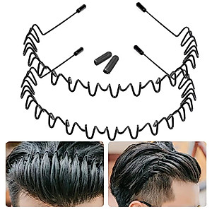 Showvigor 2 Pcs Metal Headband,Unisex Black Wavy Spring Sports Headbands for Men Women's Metal Hair Band with 2 Protective Cover, Spring Wavy Nonslip Hair Hoop Fashion Headwear Hair Accessories