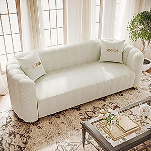 yunqishi KEAI 83.46" Velvet Couch for Living Room Teddy Large Modern Sofa with Gold Metal Sphere Legs Office Upholstered Comfy 3 Seater Couches Cute Sherpa Bedroom Furniture (Teddy Cream White)
