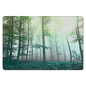 Ombre Green Misty Nature Forest Tree Fog Antifatigue Kitchen Bath Door Mat Cushioned Runner Rug,Washable Welcome Floor Sink Mat,Forest Fantasy Fog Magic Woodland Comfort Standing Doormat,24"x36"