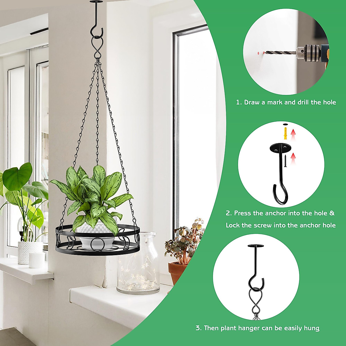 lanccona 3 PCS Plant Hanger Indoor Outdoor, Moon Phase Hanging Plant Holder with 3 Hooks, Hanging Plant Shelf for Boho Home Decor, Black (POTS NOT Included)