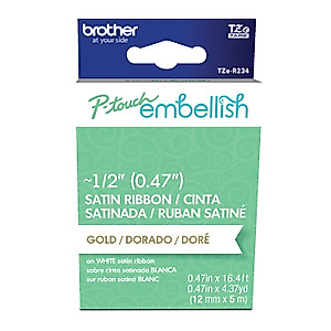 Brother P-touch Embellish Gold Print on White Satin Ribbon TZER234 – ~½” Wide x ~13.1’ Long for use with P-touch Embellish Ribbon & Tape Printer