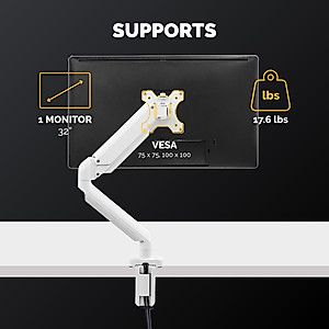 Fellowes Platinum Series Single Monitor Arm for 32-Inch Monitors, Full Motion, 360° Rotation, VESA Mount with Grommet or Clamp, USB Ports, Ergonomic, White, 8056201