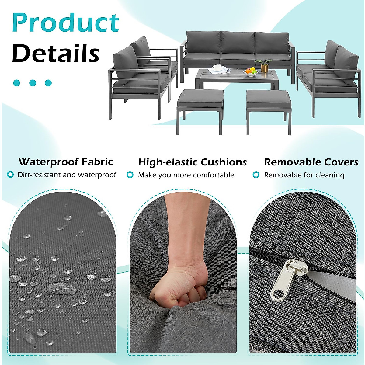 AECOJOY Aluminum Patio Furniture Set, Modern Outdoor Patio Furniture with Coffee Table, 7 Pieces Outdoor Conversation Set with Navy Blue Cushions for Balcony, Porch, Lawn and More