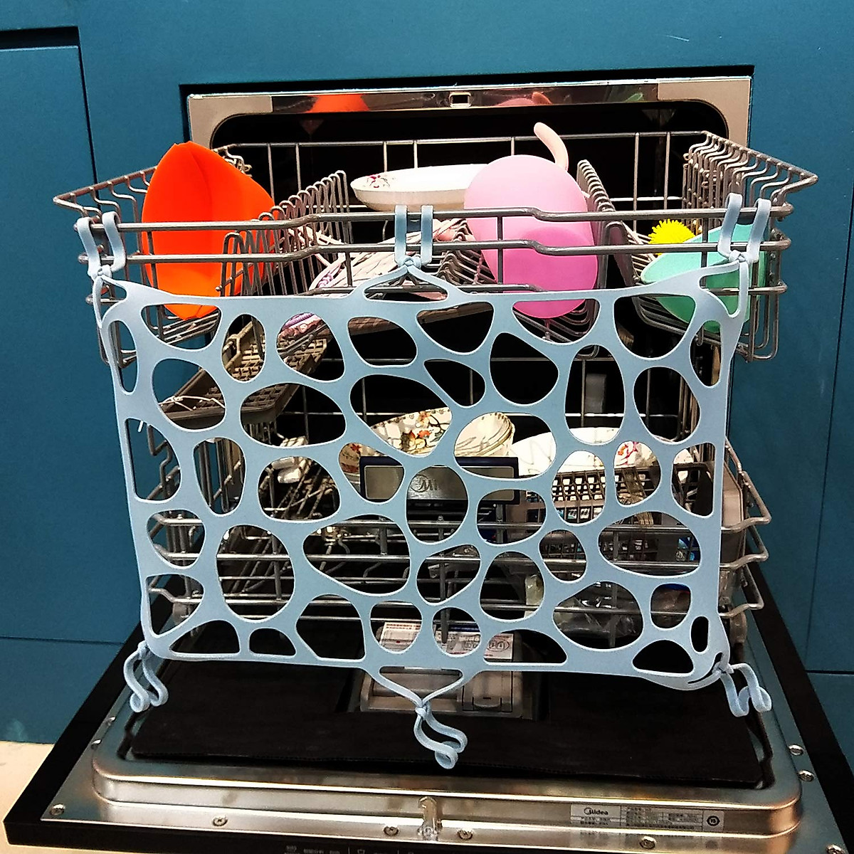REVEX Dishwasher Net, 9.8"x14.5" Silicone Dishwasher Net For Small Items, 6 Adjustable Hooks to Cover Plastic Bowls,Baby Bottle and Cups to Avoid Tipping Over, Suitable for All Dishwashers (Blue)