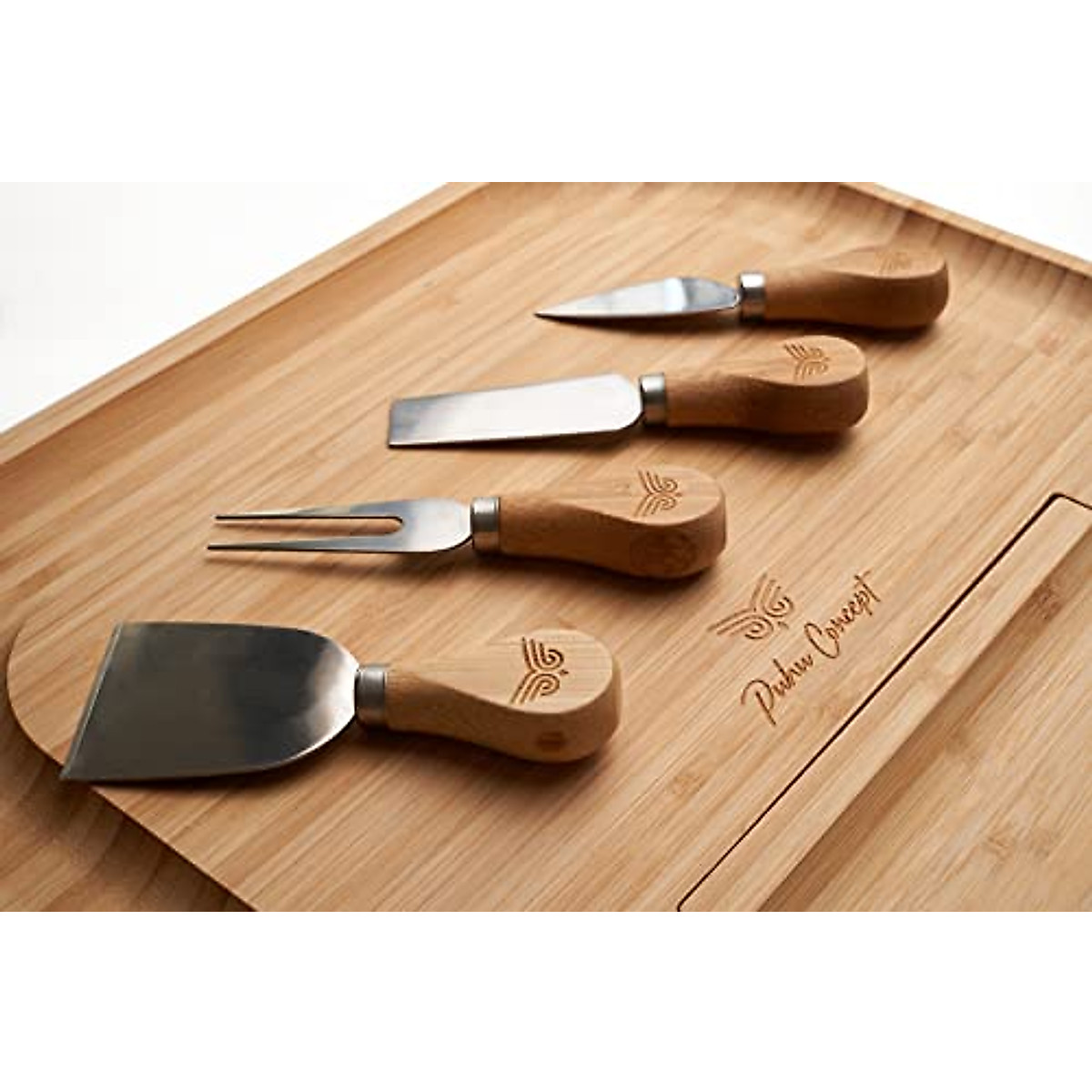 Bamboo Cheese Board & Knife Set of Puhu Concept - Elegant Gift for Women, Birthday, Wedding, Anniversary, Housewarming, Christmas, Special Days - Charcuterie Board for Cheese, Meat, Cracks and Wine
