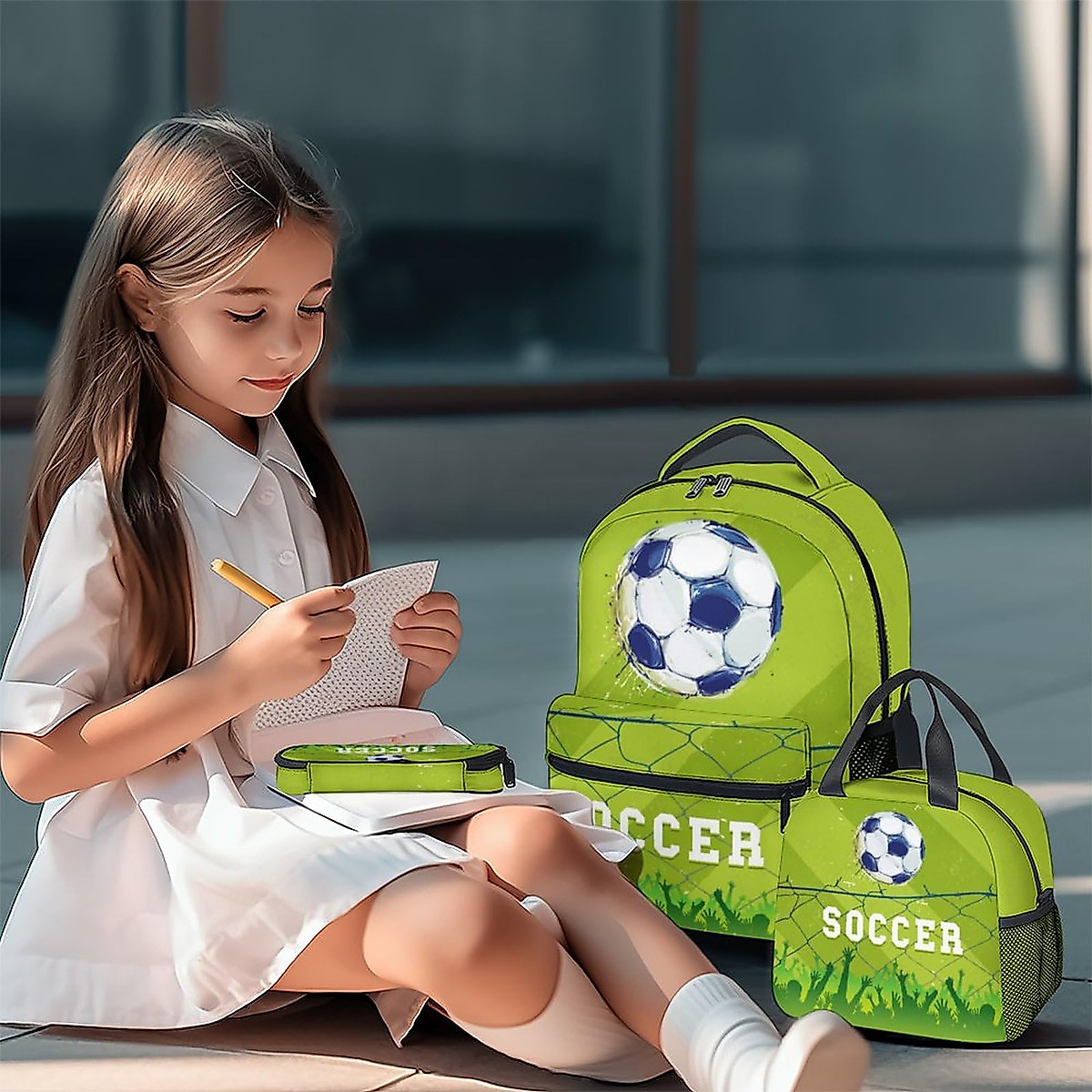 Sharecolor Soccer Backpack with Lunch Box - Set of 3 School Backpacks Matching Combo - Cute Black Bookbag and Pencil Case Bundle