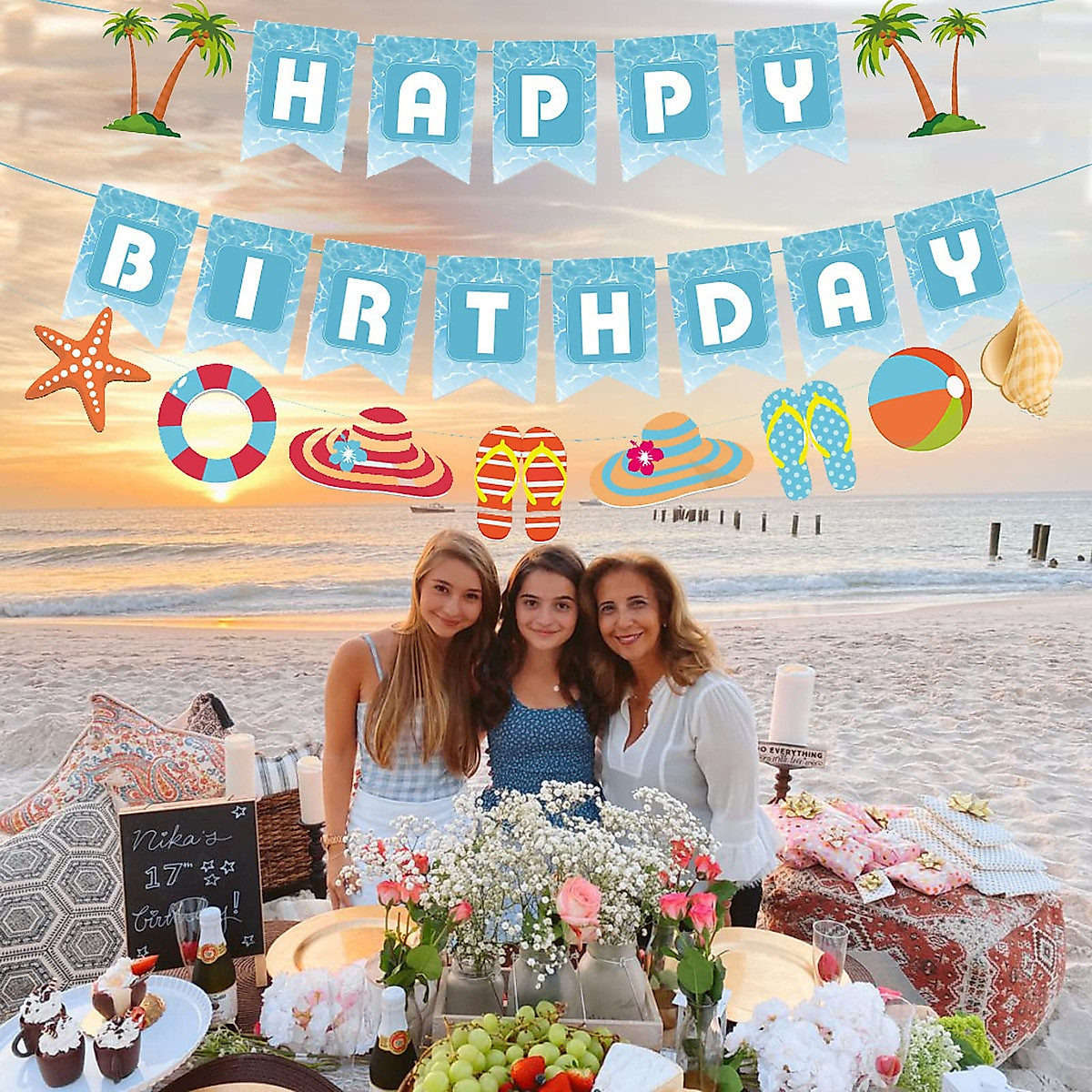 Zwiebeco Seaside Birthday Party Decoration Supplies-Blue White Happy Birthday Sign Banner Starfish Conch Hanging Paper Banner for Kids Adults Tropical Hawaiian Seaside Beach Pool Summer Birthday Decor