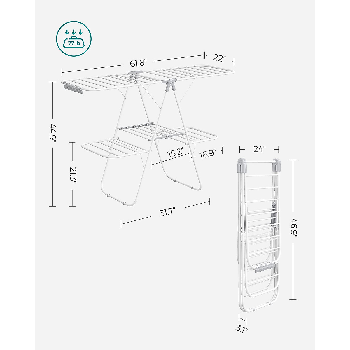 SONGMICS Clothes Drying Rack, Foldable 2-Level Laundry Drying Rack, Free-Standing Large Drying Rack, with Height-Adjustable Wings, 33 Drying Rails, Sock Clips, White and Gray ULLR053G01