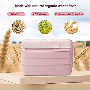 Bento Box Lunch Box for Adults Kids, AsFrost 3-In-1 Compartment Containers - Wheat Straw, Leakproof Eco-Friendly Bento Lunch Box Meal Prep Containers Microwave Safe (Pink)