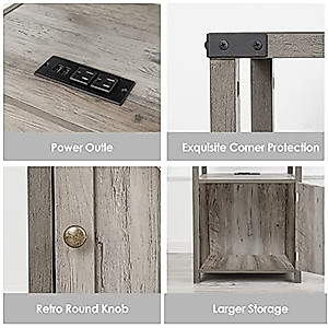 HOSEOKA Farmhouse Nightstand with Charging Station, Rustic End Table Bedroom with Storage Living Room Side Table Grey Night Stand Industrial Bedside Bed Table with USB Ports and Outlets