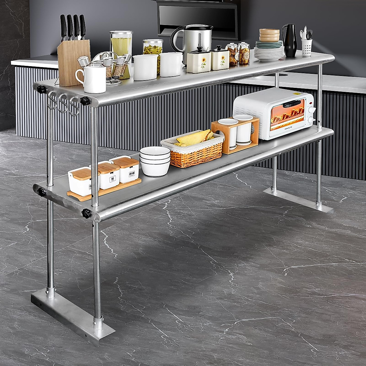 Vlaeng 60" x 12" Stainless Steel Double Overshelf, Double Overshelf with 6 Hooks, Adjustable Commercial Double Shelf for 60" Prep Work Table in Restaurant, Home, Kitchen and Workshop