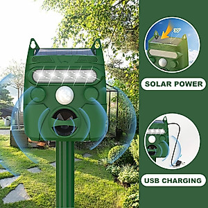 Upgraded Solar Animal Repellent,Cat Repellent Device,Deer Repellent,IP66 Waterproof Squirrel Repeller with Motion Sensor,Sound and LED Flashing,Repellent for Dog Bird Rabbit-Q548