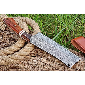 Damascus Meat Cleaver Knife, Damascus Steel Chef Knife & Butcher Knife - Multipurpose Sharp Knife, Vegetable Cleaver & Meat Cleavers, Kitchen Knife for Meat with Rose Wood Handle & Knife Sheath