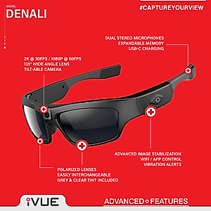 iVue Denali 2K/1080P HD Camera Glasses POV Video Recording Sport Sunglasses DVR Eyewear, Up to 60fps