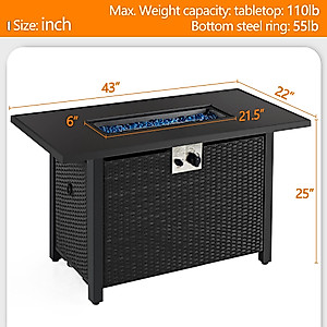 Yaheetech 43in Fire Pit Propane Fire Pit 50,000 BTU Rectangle Fire Pit Table with Glass Tabletop and Waterproof Cover, Gas Fire Table for Garden, Patio, Outdoor, CSA Certification