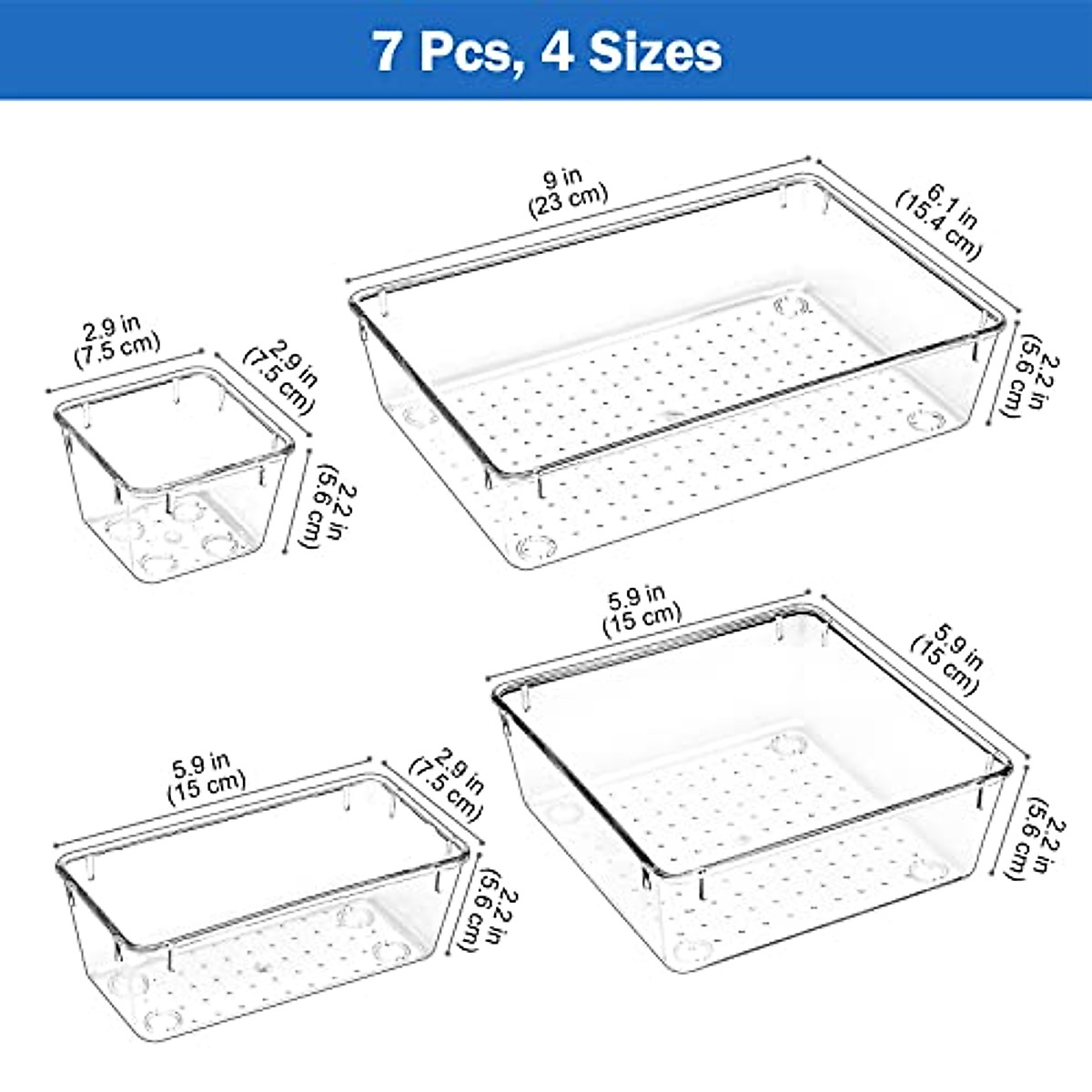 Puricon 7 Pcs Desk Drawer Organizers Trays Set Clear Plastic Storage Bins Bathroom Drawer Tray Dividers Vanity Trays Organizer for Bedroom Dresser Makeup Kitchen Utensil Office