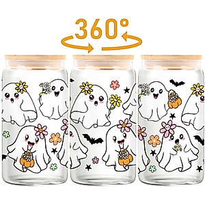 80UncleKimby Halloween Cups Gifts 18oz Glass Cup with Lid Straw and Caps Spooky Ghost Iced Coffee Mug for Women Teen(Colored)