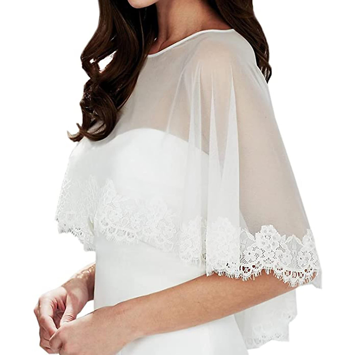Grettytling Lace Wrap Shawl with Embroidered Lace Tulle Wedding dress cover up