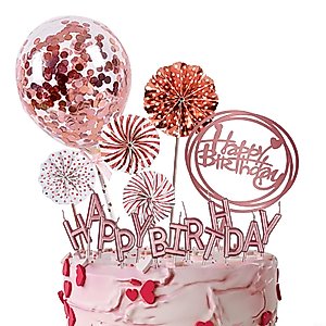 IEALODS Rose Gold Birthday Cake Topper Decoration with Happy Birthday Candles, Acrylic Birthday Cake Topper, Confetti Balloon and Paper Fans for Rose Gold Theme Birthday Party Decor Girl Women