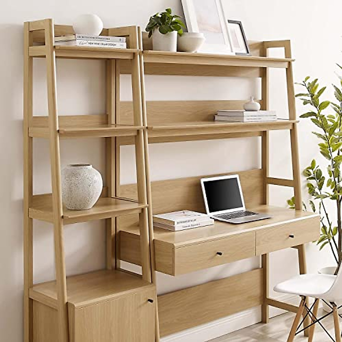 Modway 2-Piece Home Office Desk and Bookshelf Display Case in Oak