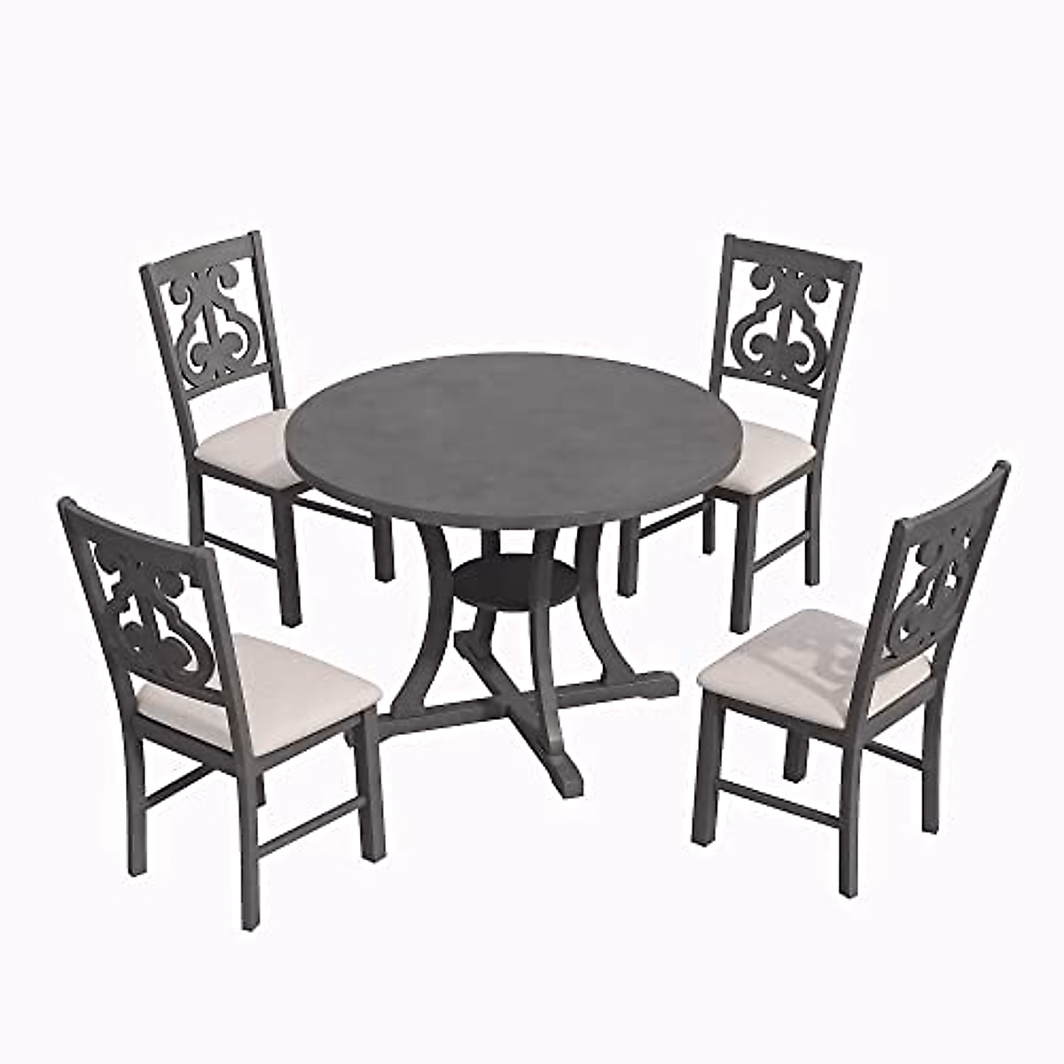 Quarte 5-Piece Retro Dining Table Set, Wood Round Dining Table and Chair Set with Special-Shaped Legs and an Exquisitely Designed Hollow Chair Back (Gray+Retro^)