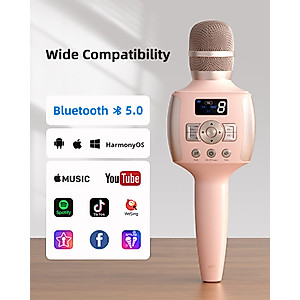 MEINIAO Karaoke Microphone with Digital Screen, Handheld Portable Bluetooth Microphone for Party, Karaoke, Music, & Recording All iOS Android Pc A2(Pink)