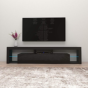 MEBLE FURNITURE & RUGS Milano 200 Floating TV Stand for TVs up to 90", Modern High Gloss 79" Entertainment Center, Wall Mounted TV Media Console with Storage Cabinets and LED Lights