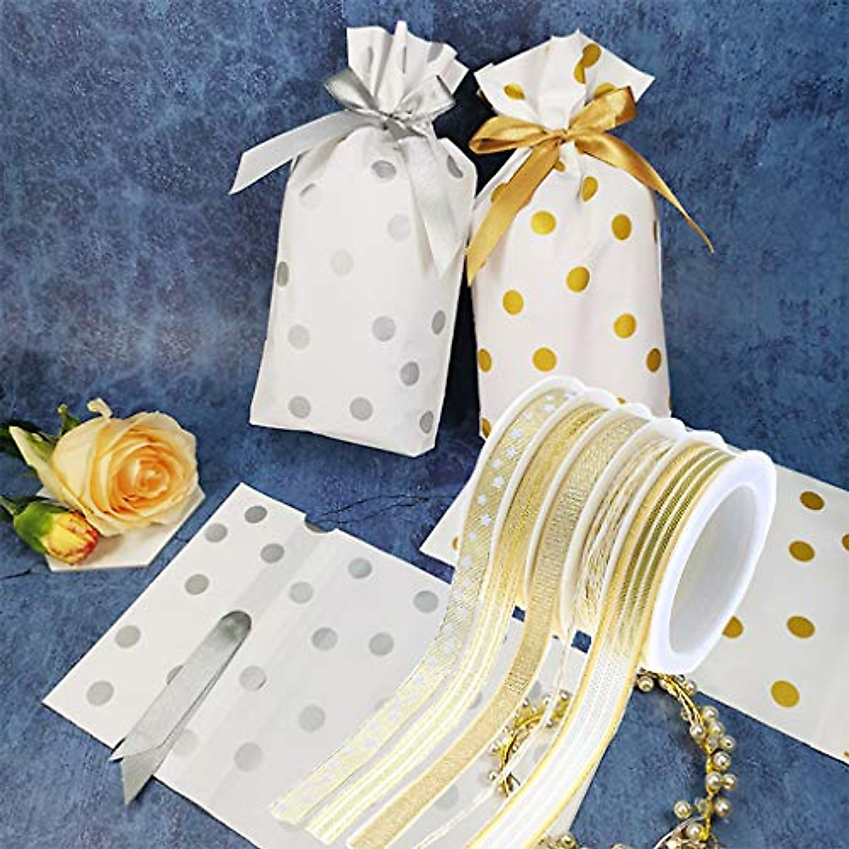 5 Rolls 27 Yards Gold Ribbon, Ribbon for Gift Wrapping, Crafts Fabric for Gift Ribbon, Glitter Ribbon for Wrapping Decoration Wedding Birthday Holiday Gift Wrapping Party