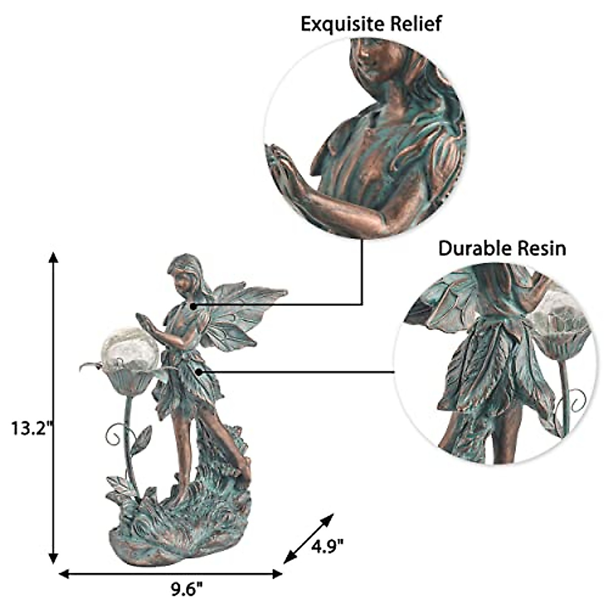 TERESA'S COLLECTIONS Large Garden Fairy Outdoor Statue, Solar Garden Sculptures & Statues with Crackle Glass Globe, Bronze Patina Garden Art for Lawn Patio Balcony Decor 13.2 inch