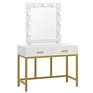 Tribesigns Vanity Table with Lighted Mirror, Makeup Vanity Dressing Table with 9 Lights and 2 Drawers for Women, Dresser Desk Vanity Set for Bedroom, Gold (White)