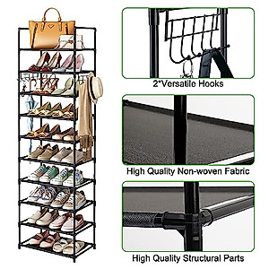 Fixwal 10 Tiers Shoe Rack, Tall Shoe Storage Shelf for 20-24 Pairs of Shoes and Boots, Sturdy Shoe Organizer for Close, Narrow Shoe Shelf with Hooks for Entryway Bedroom Hallway (Black)