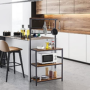Yaheetech Kitchen Bakers Rack, Coffee Bar Station Microwave Stand with 10 Hooks and Adjustable Feet, Freestanding Utility Storage Shelf for Kitchen, Dinning Room, Living Room, Rustic Brown