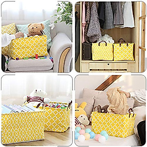 Sea Team Moroccan Lattice Pattern Canvas Fabric Storage Basket Collapsible Geometric Design Storage Bin with Drawstring Cover and PU Leather Handles, 16.5 by 11.8 inches, Waterproof Inner, Yellow