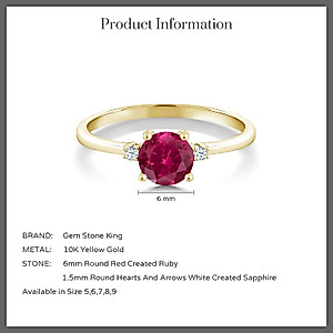 Gem Stone King 10K Yellow Gold Red Created Ruby and White Created Sapphire Solitaire Engagement Ring For Women (1.03 Cttw, Round 6MM, Gemstone July Birthstone, Size 5)